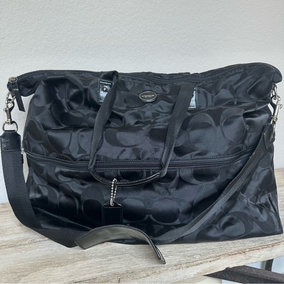 Coach | Bags | Coach Signature Logo Black Nylon Large Overnight Travel ...
